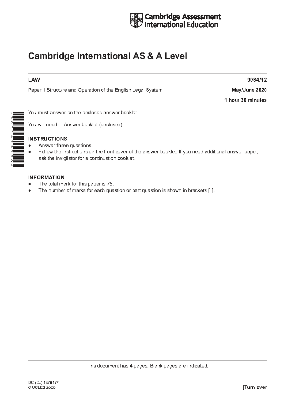 Cambridge International AS A Level LAW 9084/12: English Legal System ...