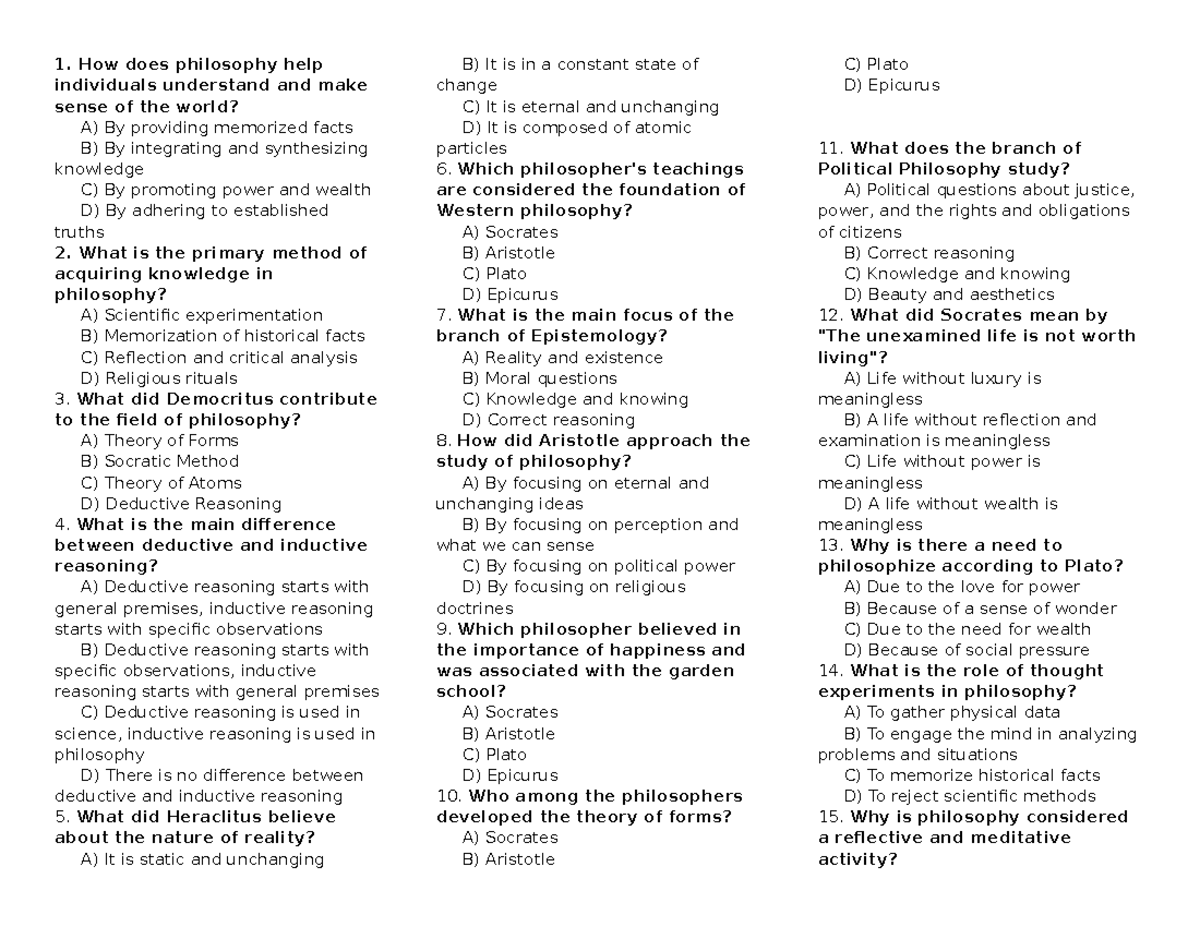 Philo QUIZ - Quiz - How does philosophy help individuals understand and make sense of the world ...
