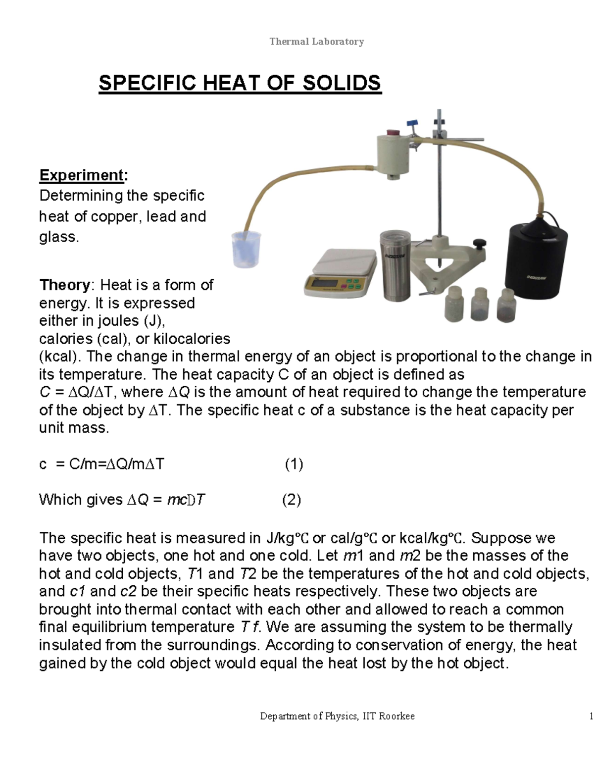 Specific Heat Experiment of Copper, Lead, and Glass - 5. Physics Lab ...
