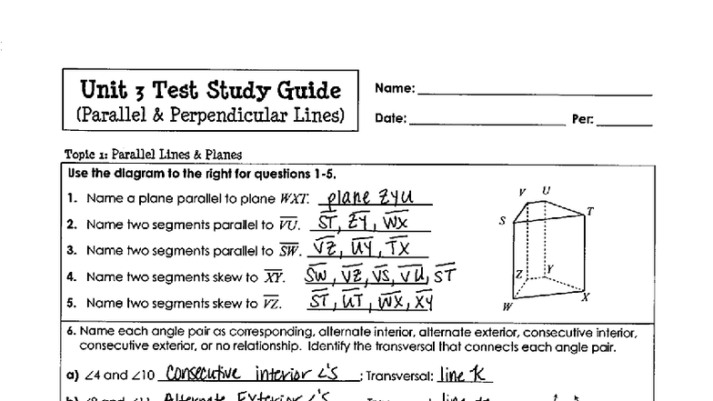 Unit 3 Test Study Guide: Parallel & Perpendicular Lines - Studocu