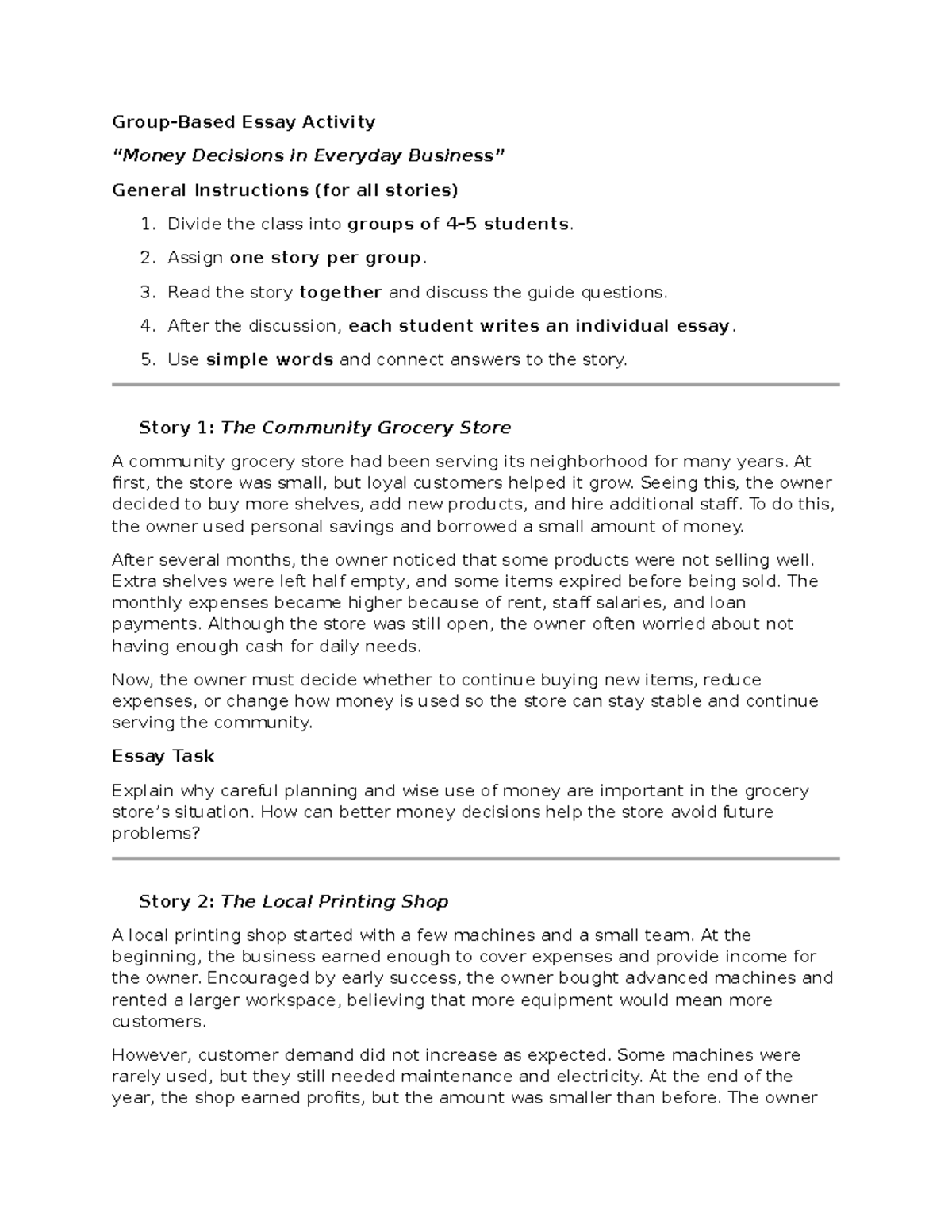 Group Activity: Essay Writing on Money Management Decisions (for all ...