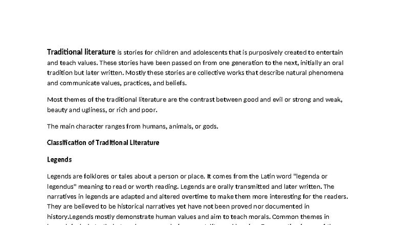 Traditional Literature: Legends, Myths, and Fables for Youth - Studocu