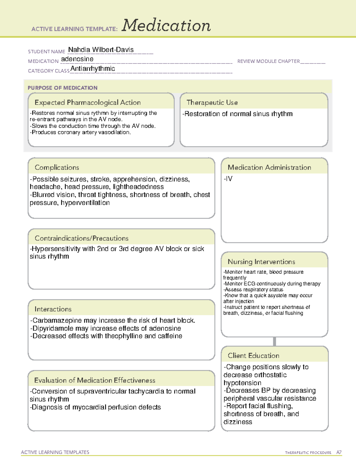 Adenosine (Antiarrhythmic) - Active Learning Template for ATI - Studocu