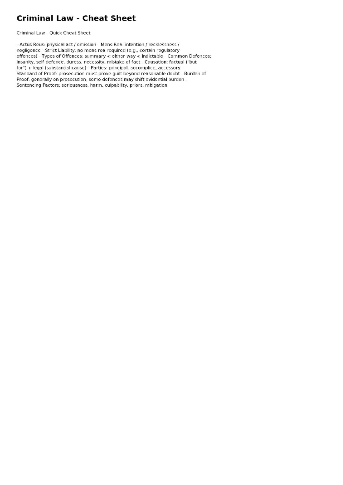 Criminal Law Cheat Sheet: Key Concepts & Defences Overview - Studocu