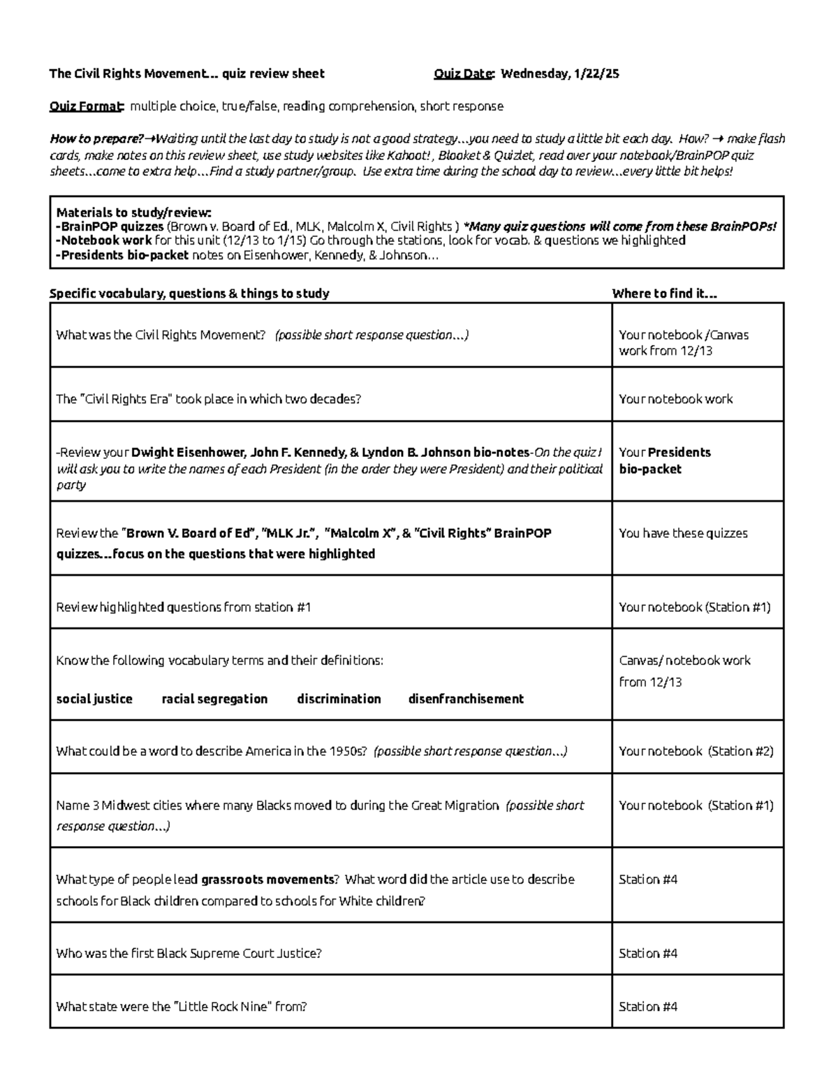 Civil Rights Movement quiz review sheet 2024-25 - Google Docs - The ...