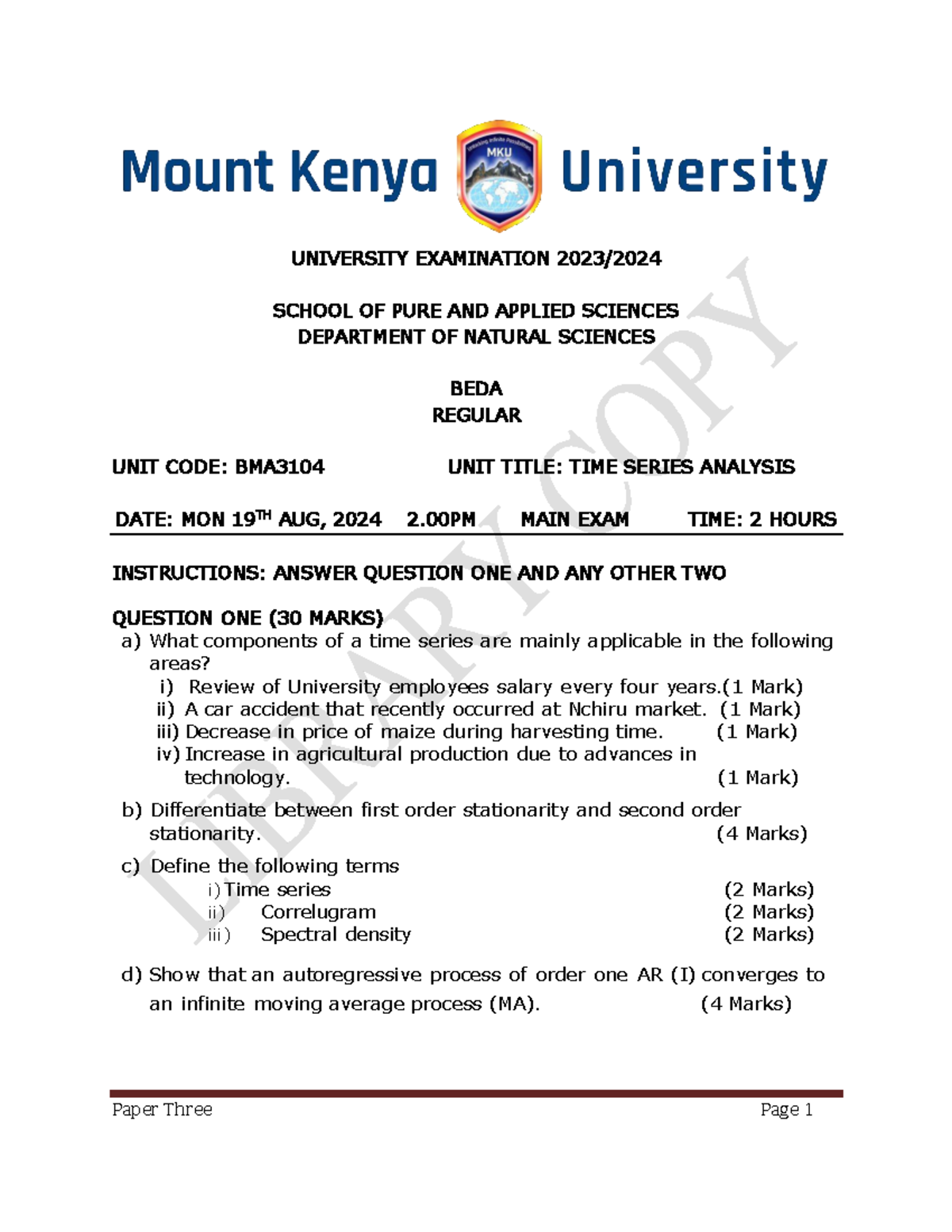 BMA3104 Final Exam: Time Series Analysis Questions and Solutions - Studocu
