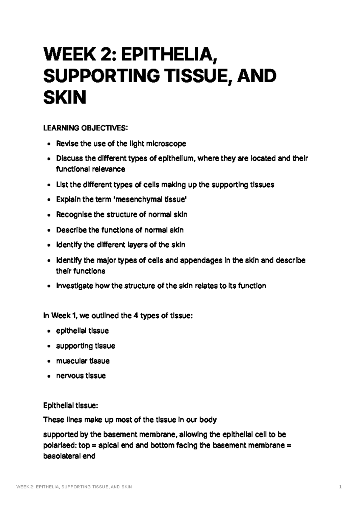 Week 2: Epithelia, Supporting Tissue, and Skin - Studocu