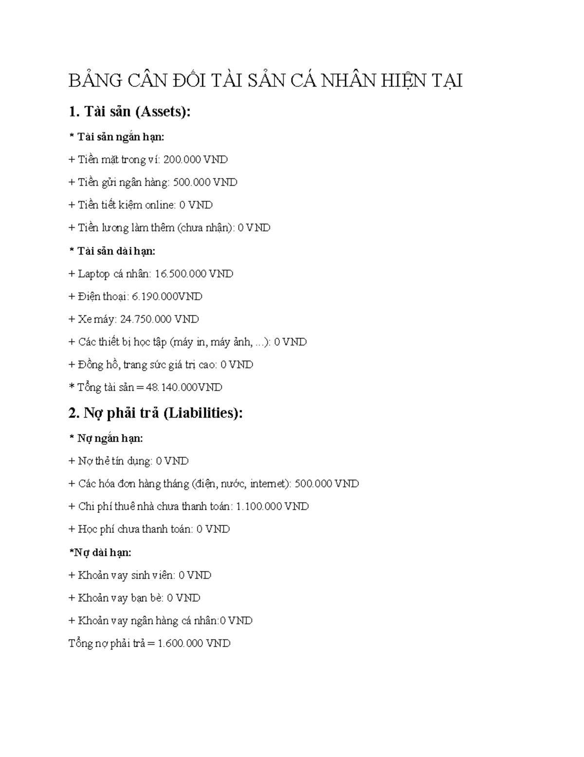 BẢNG CÂN ĐỐI TÀI SẢN CÁ NHÂN - BÀI TẬP TÀI CHÍNH 25 TUỔI - Studocu