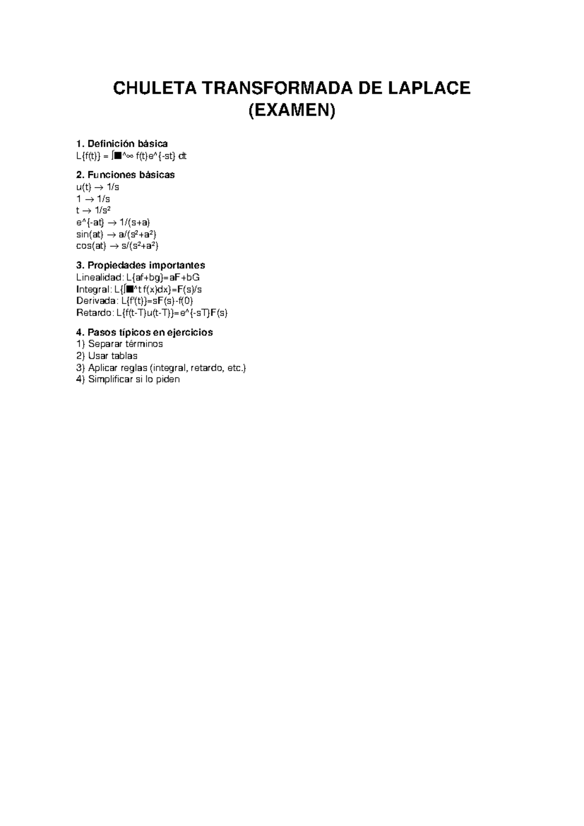 Chuleta Laplace Basica - CHULETA TRANSFORMADA DE LAPLACE (EXAMEN ...