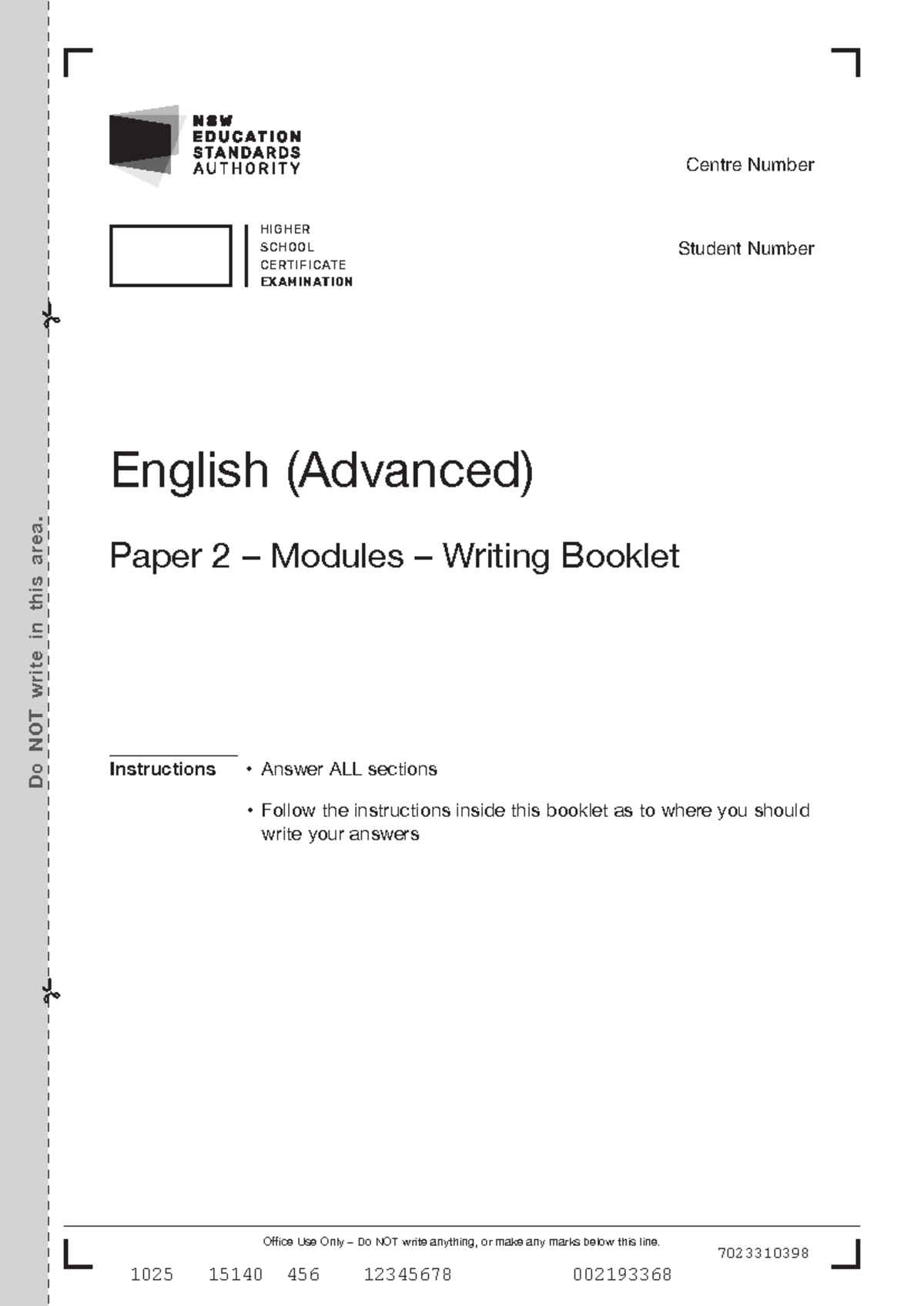 English (Advanced) HSC Paper 2 Sample Writing Booklet - Studocu