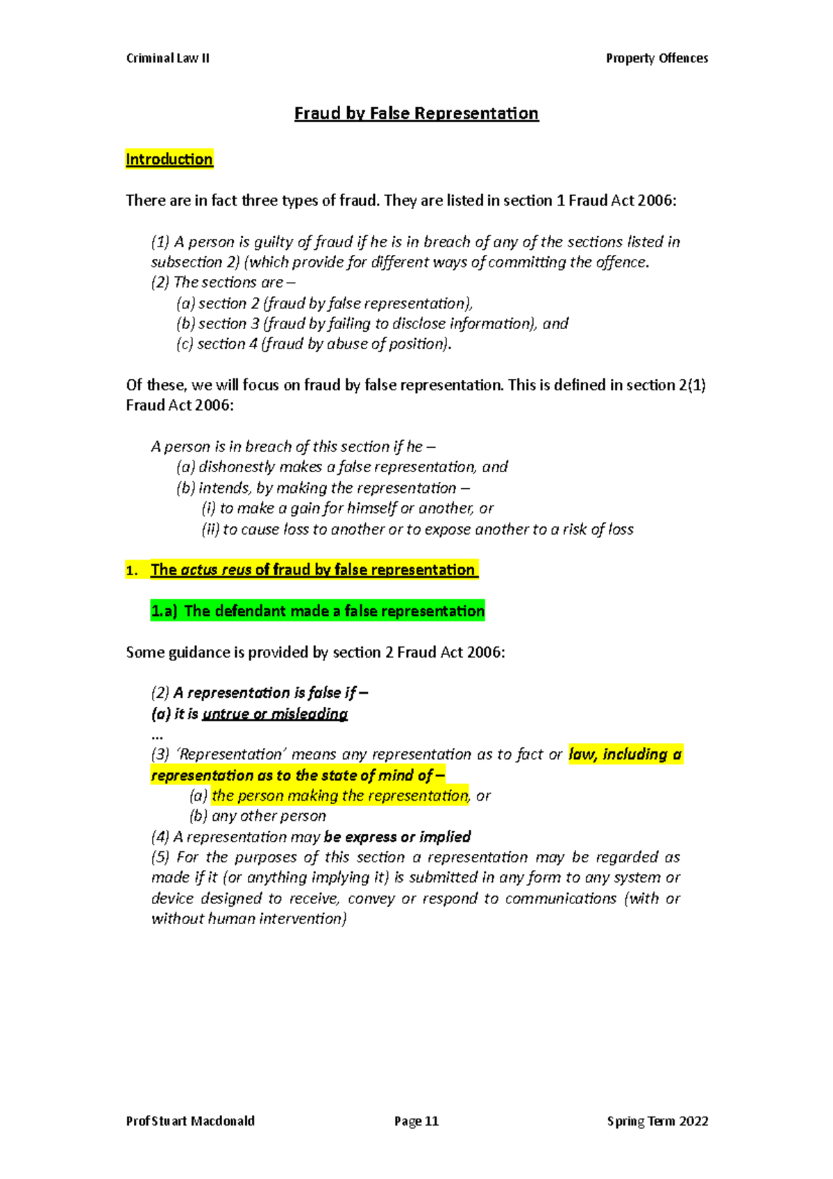 1.5 - Fraud - handout - Fraud by False Representation Introduction ...