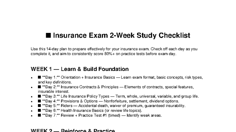Insurance Exam 2-Week Study Checklist for Effective Prep - Studocu