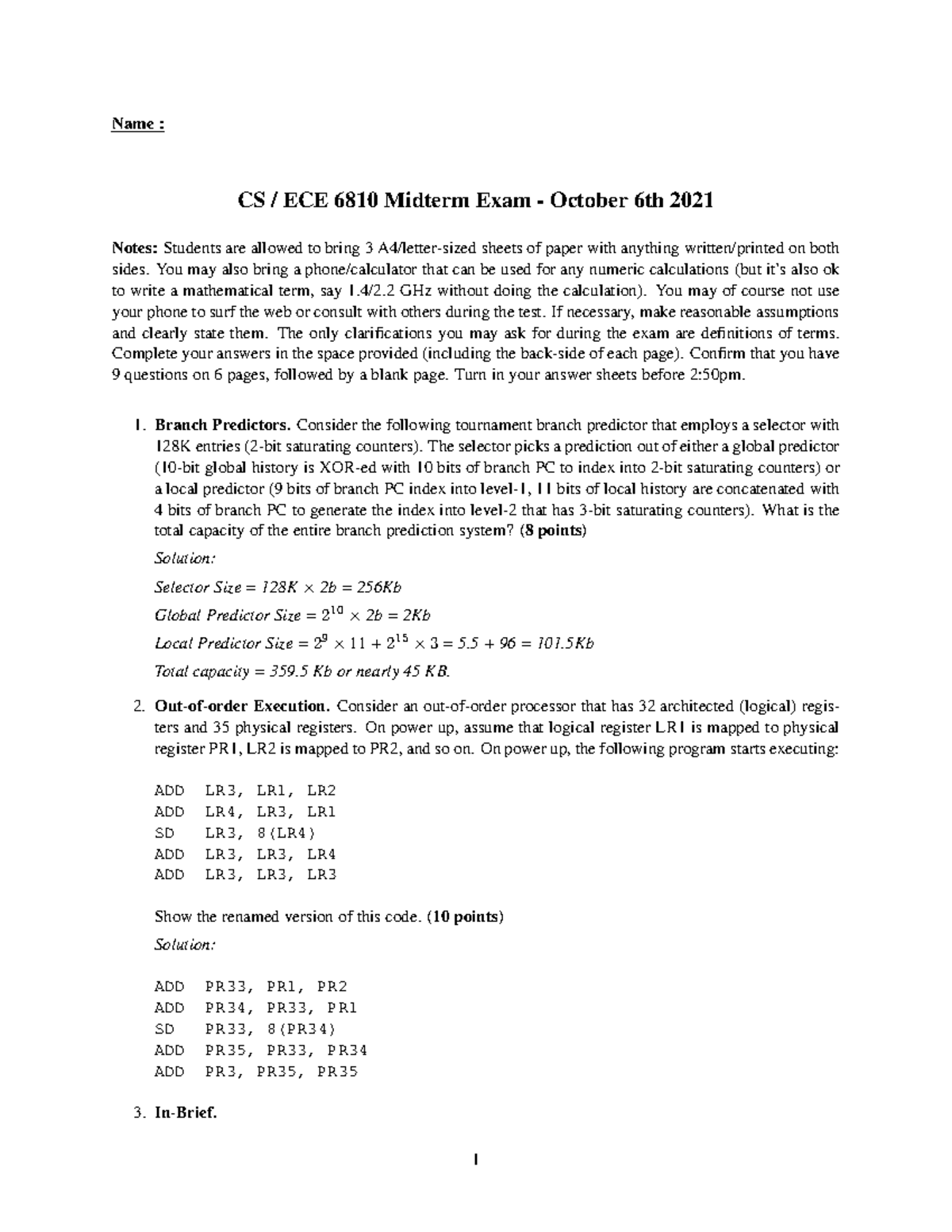 Midterm 21-solns - Name : CS / ECE 6810 Midterm Exam - October 6th 2021 ...