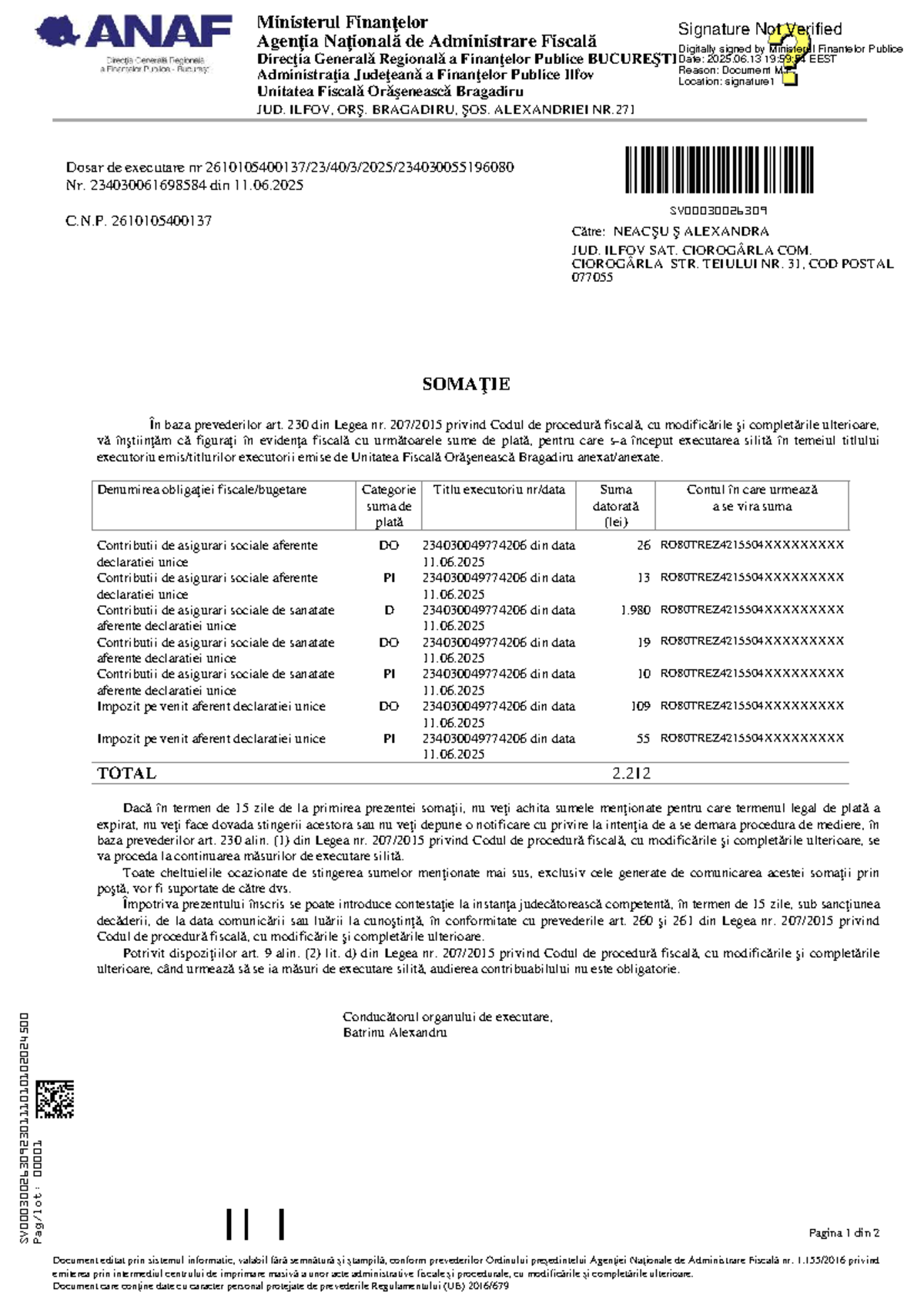 Somație Executare Silită - Dosar Nr. 234030061698584 - Studocu