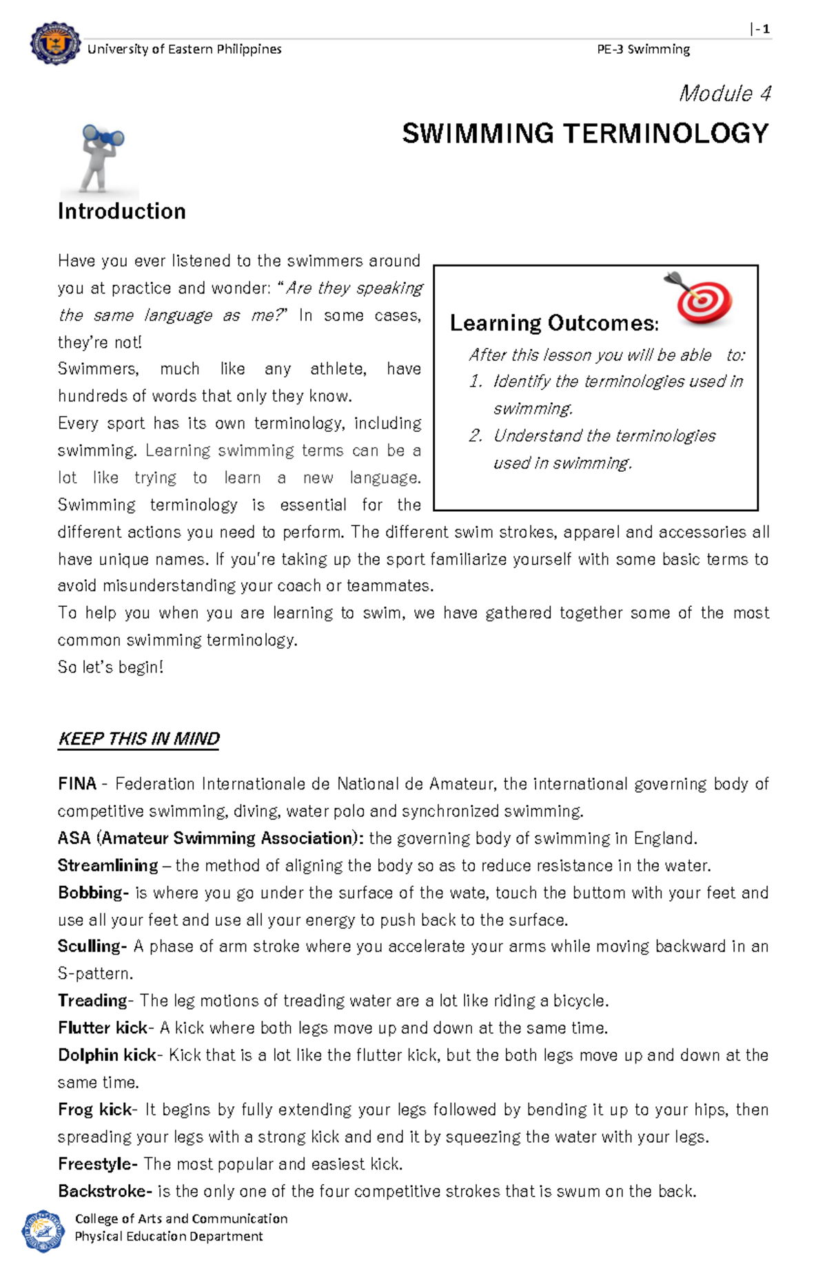 PE-3 Module 4: Essential Swimming Terminology and Concepts - Studocu
