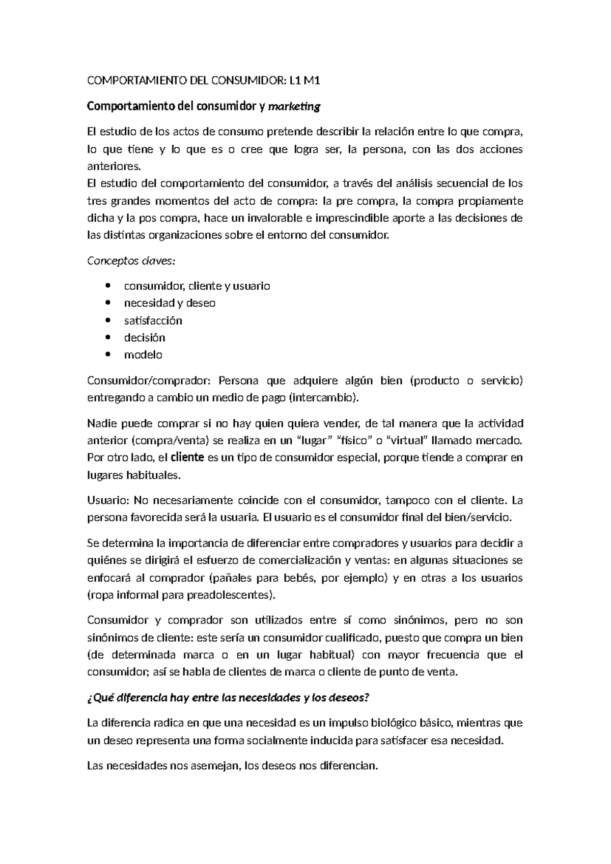 Resumen del Comportamiento del Consumidor: L1 M1 - Studocu