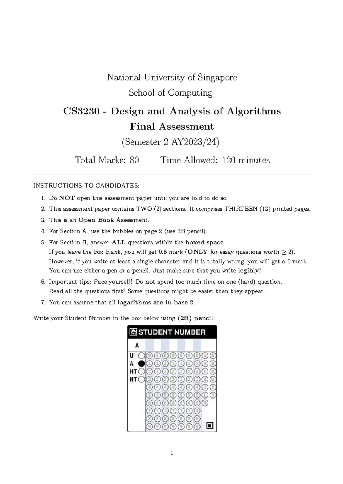 CS3230 Design and Analysis of Algorithms Final Exam Practice Questions ...
