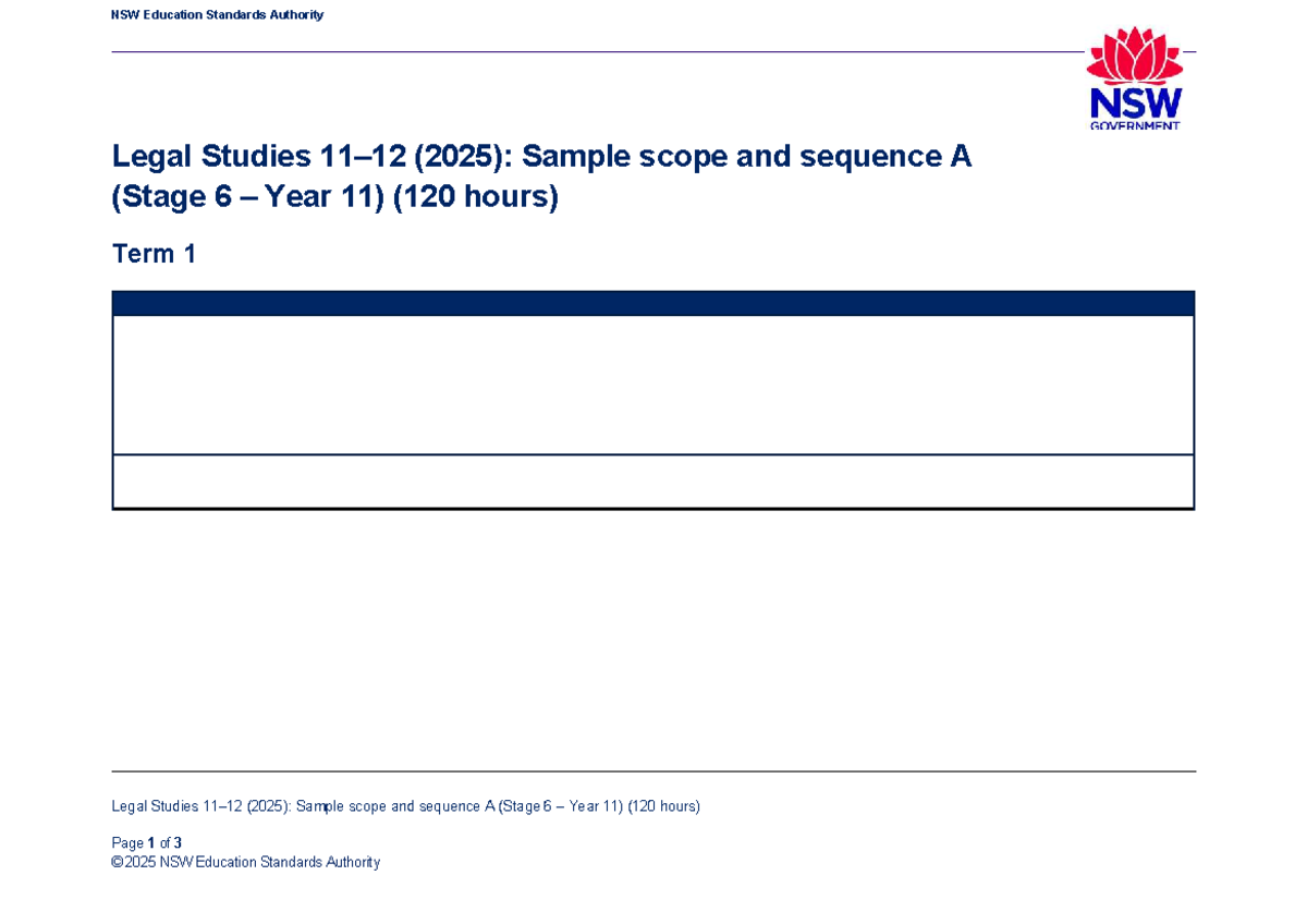 Legal Studies (2025) Stage 6 Year 11: Sample Scope & Sequence A - Studocu