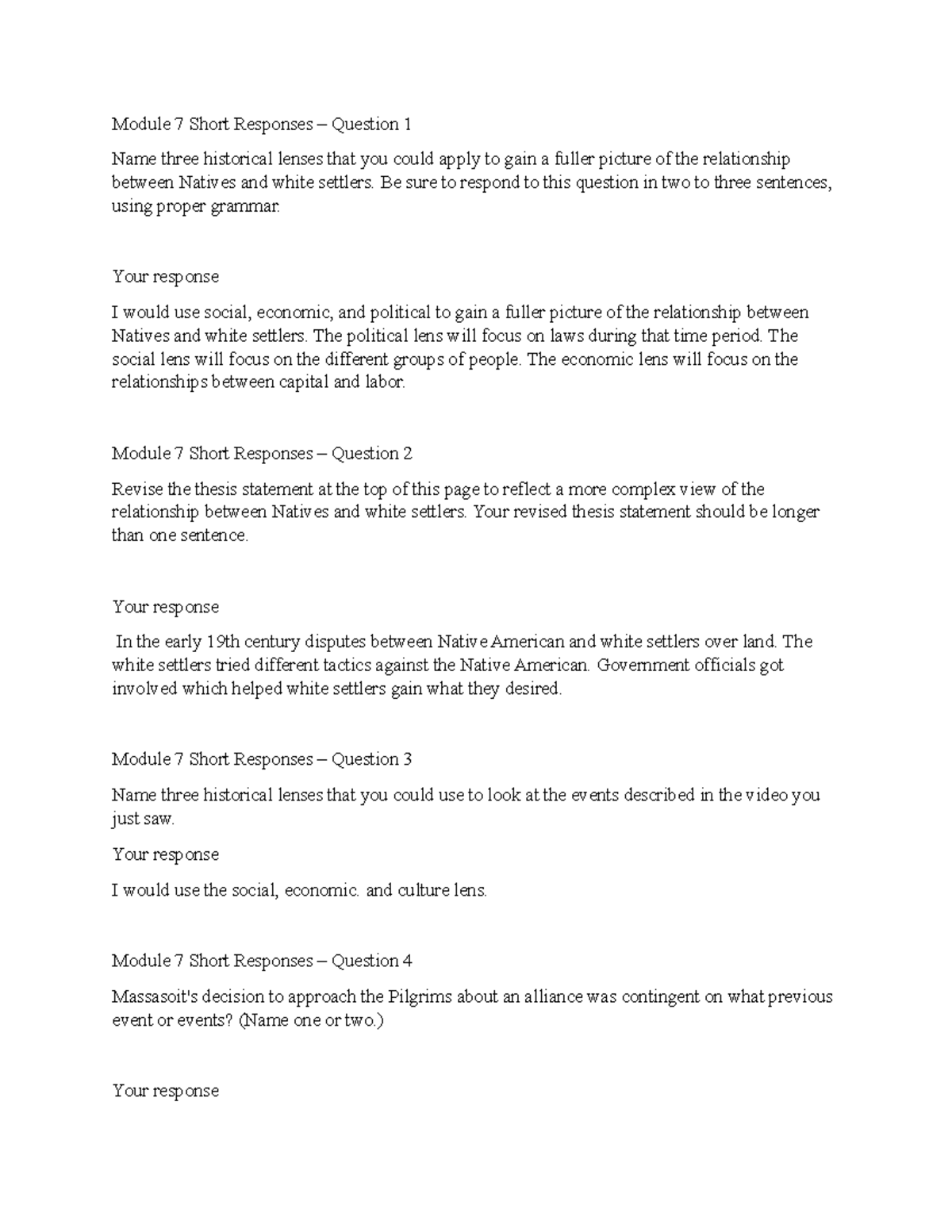 HIS 200 Module 7 Short Response Assignments on Historical Lenses - Studocu