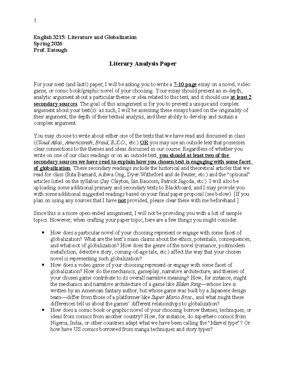 English 3215: Final Literary Analysis on Globalization Themes - Studocu