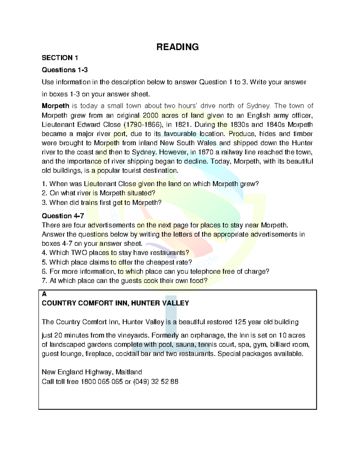 Monday GT Reading - READING SECTION 1 Questions 1- 3 Use information in ...
