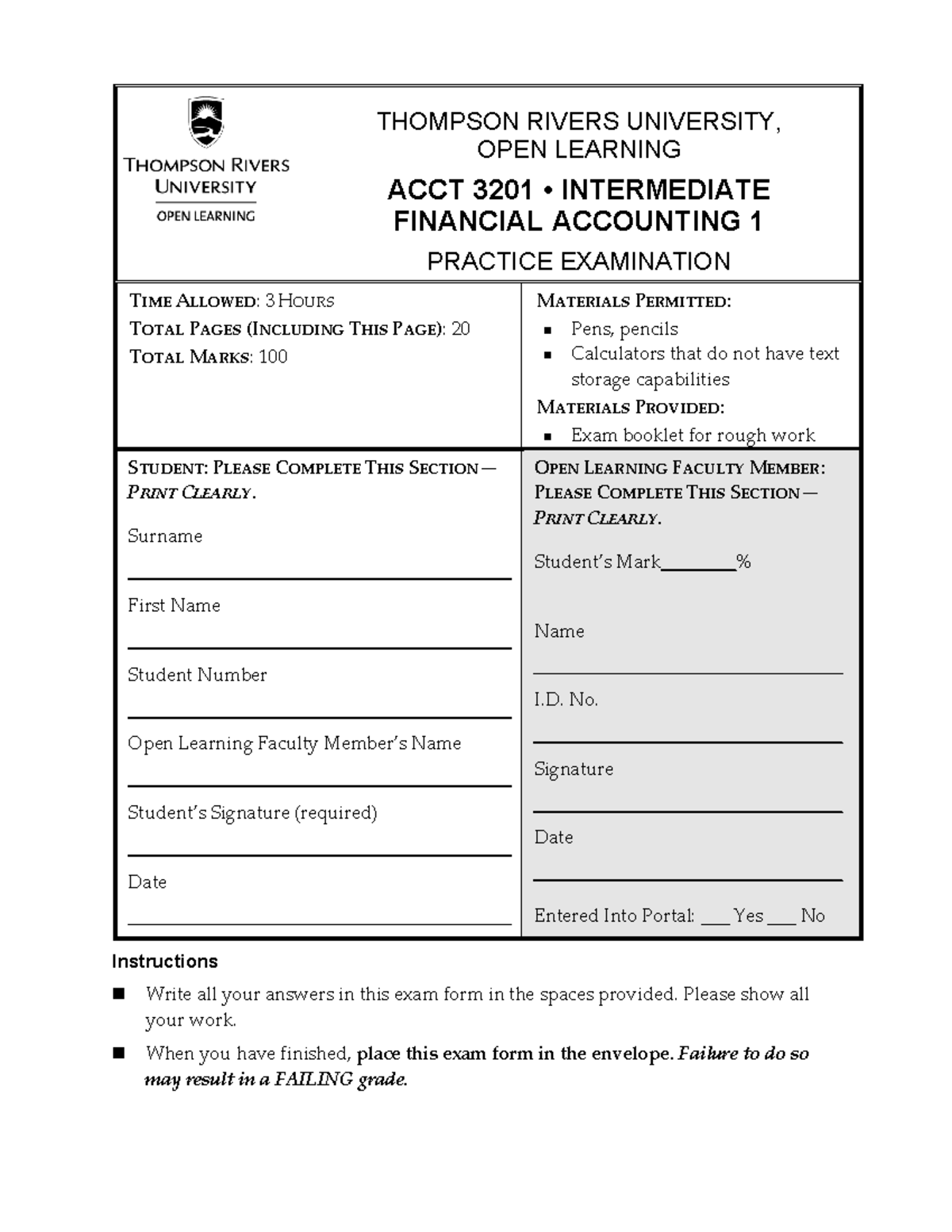 TRU Open Learning ACCT 3201 Intermediate Financial Accounting Practice ...