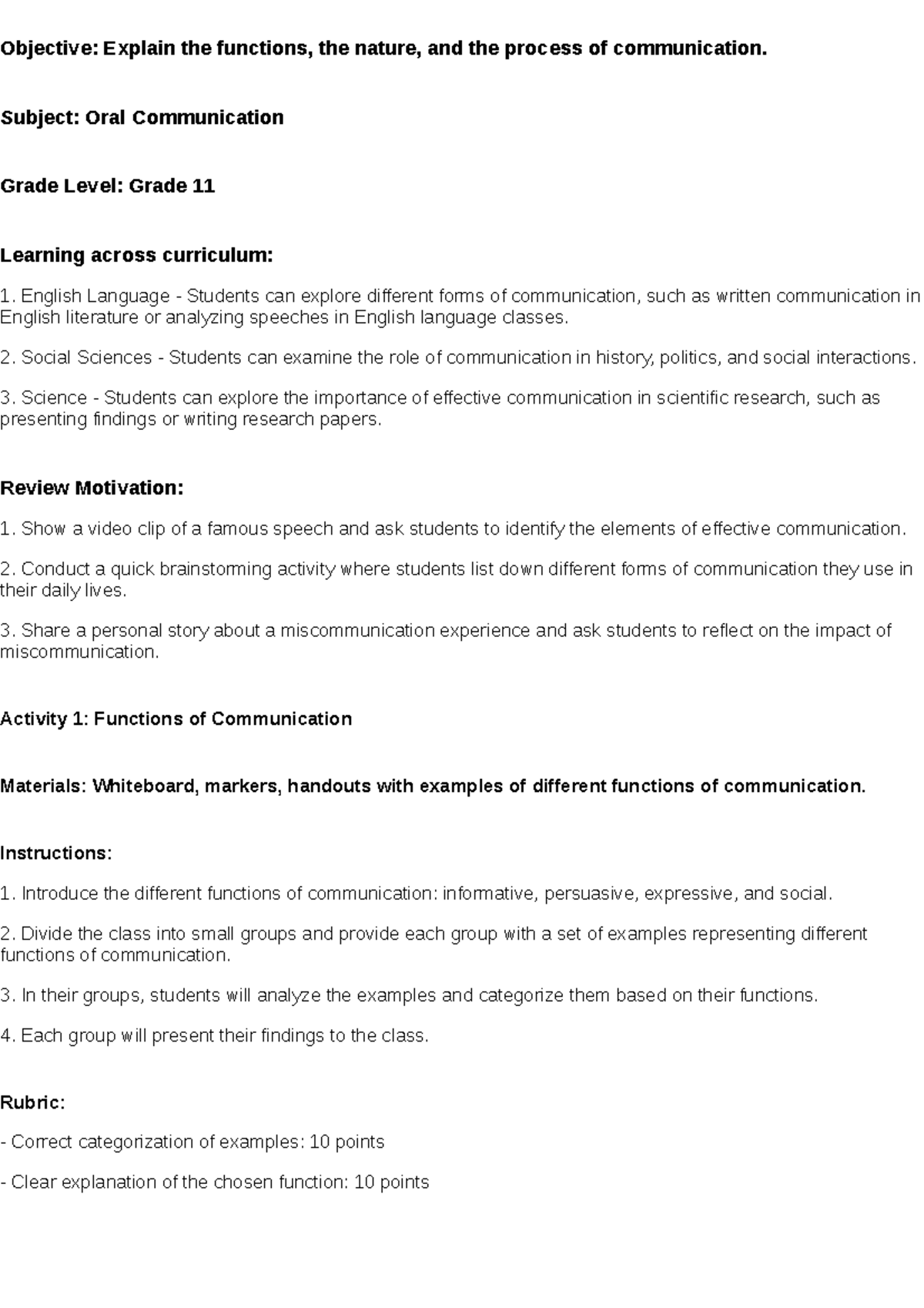LP - Oral Com - Lesson Plan - Objective: Explain the functions, the nature, and the process of ...