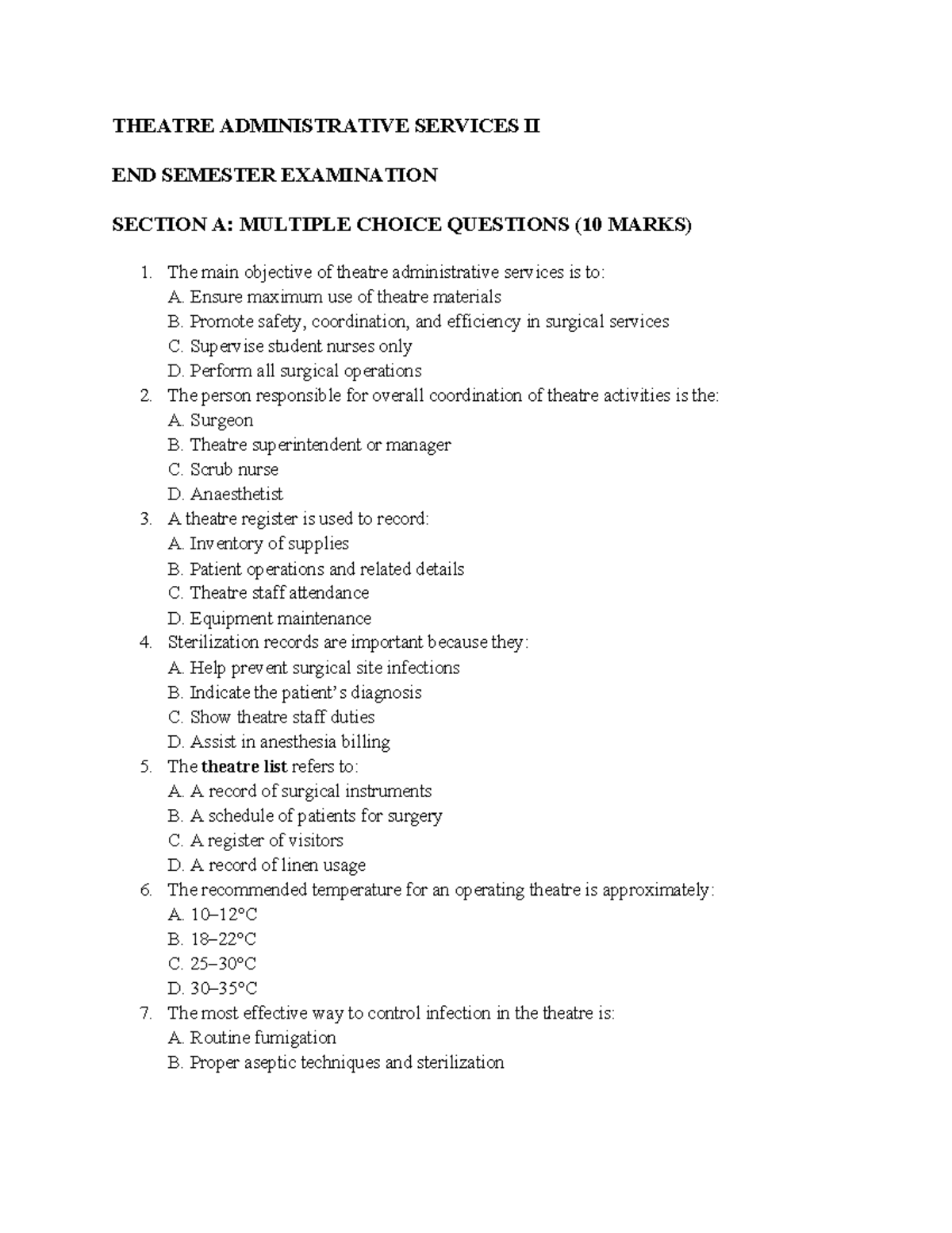 THEATRE ADMINISTRATIVE SERVICES II END SEMESTER EXAMINATION QUESTIONS ...