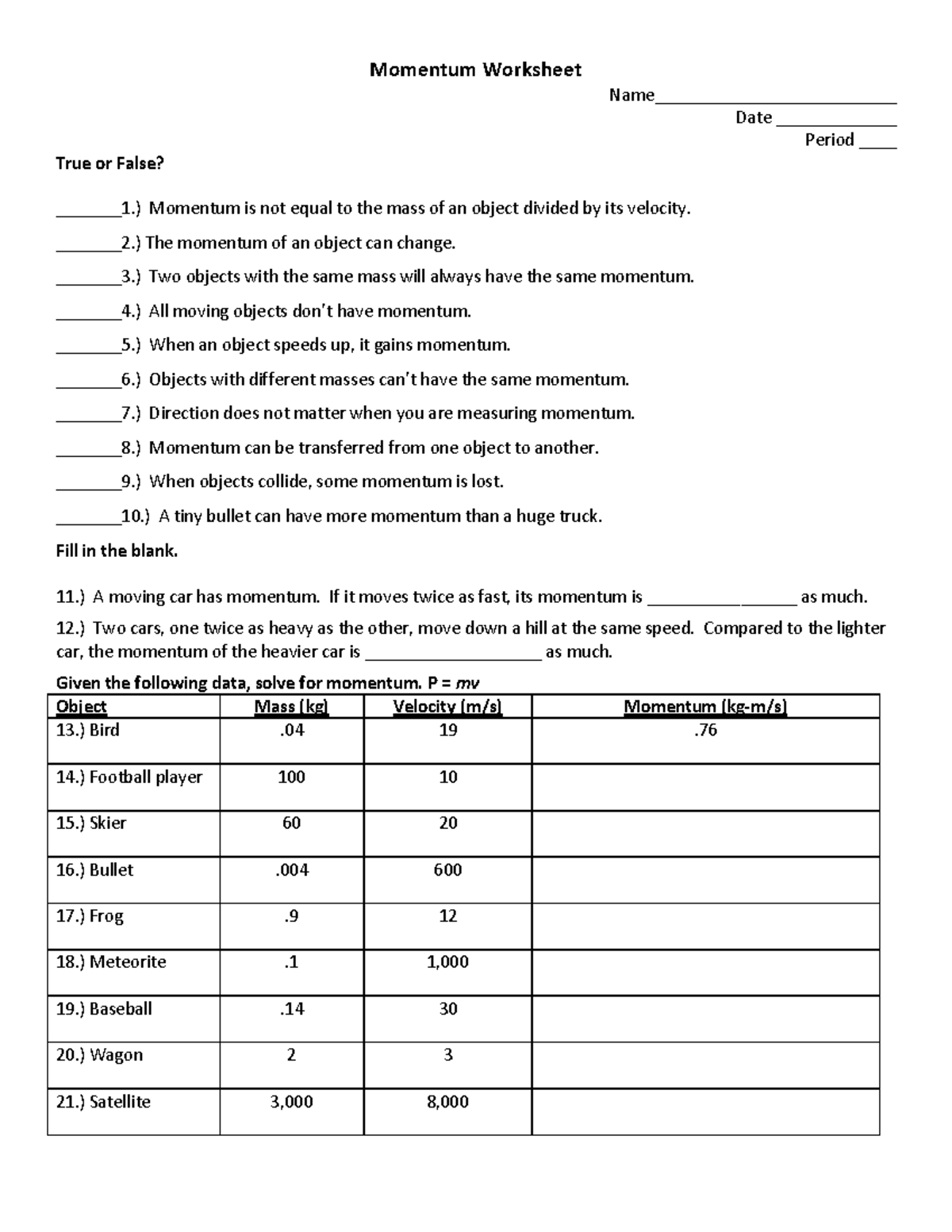Momentum Worksheet - Momentum Worksheet Name ...