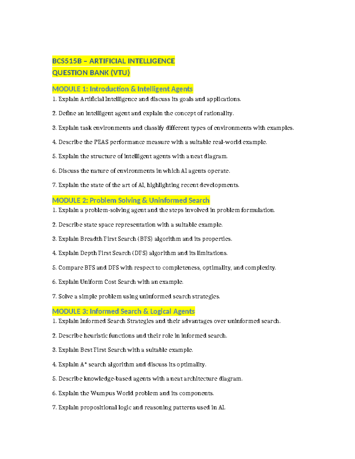 BCS515B AI Question Bank: Modules 1-3 Overview and Key Concepts - Studocu