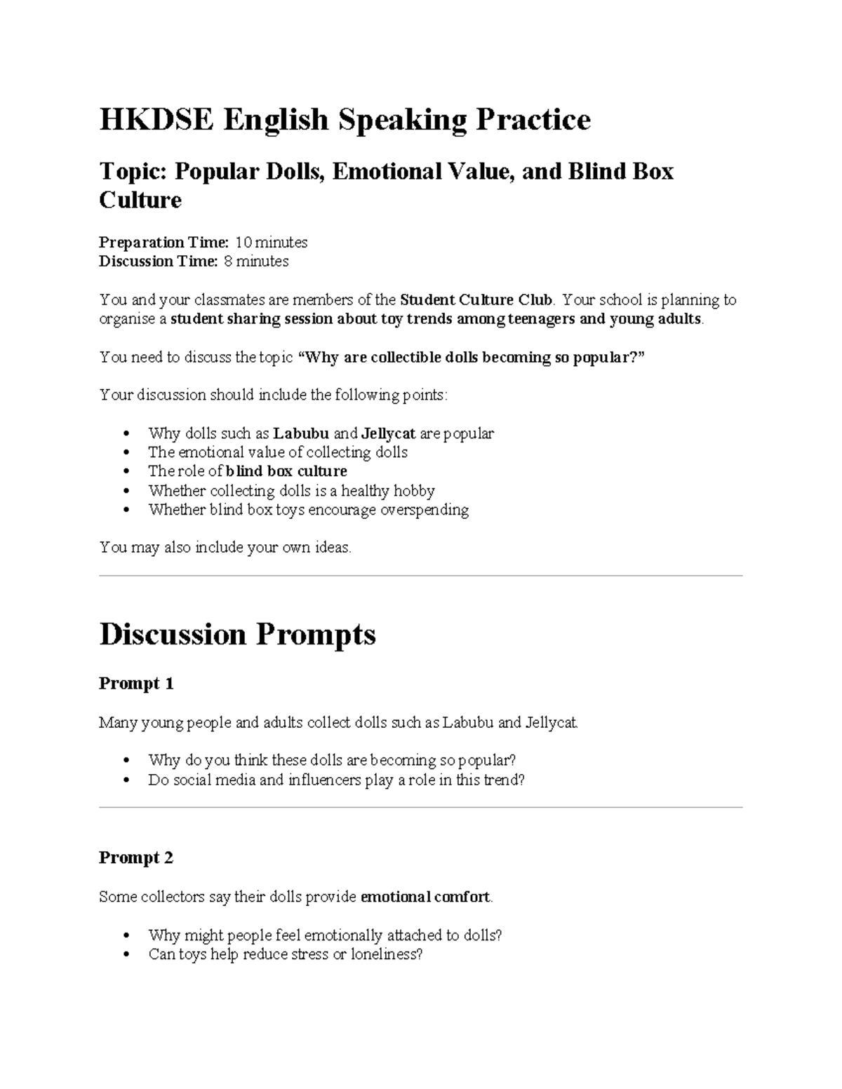 HKDSE English Speaking Practice: Trends in Collectible Dolls and Blind ...