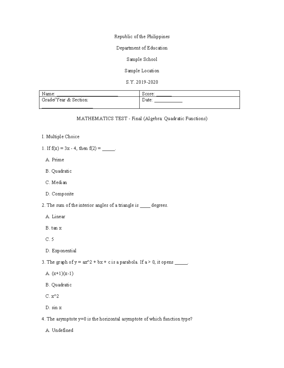 MATH 449 Final Exam: Quadratic Functions Test Fall 2019 - Studocu