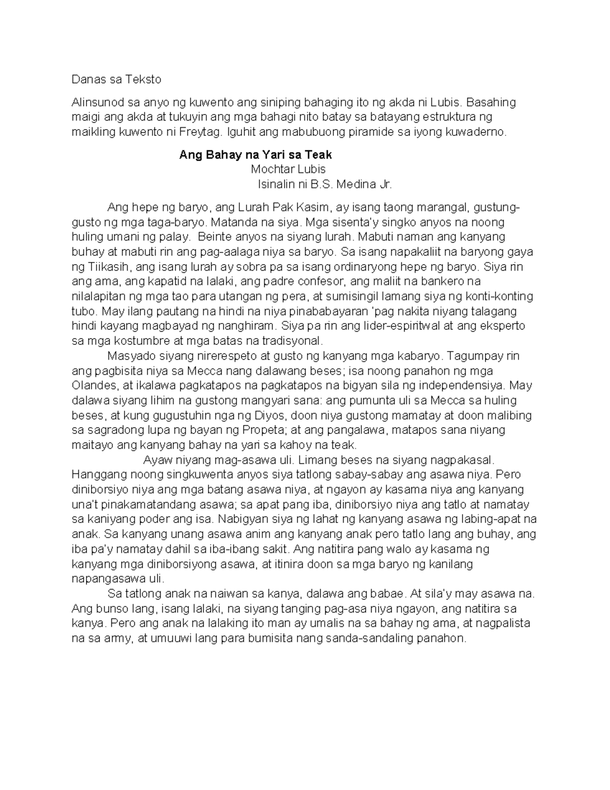 ANG BAHAY NA YARI SA TEAK: ISANG PAGTATALA SA AKDA NI LUBIS - Studocu