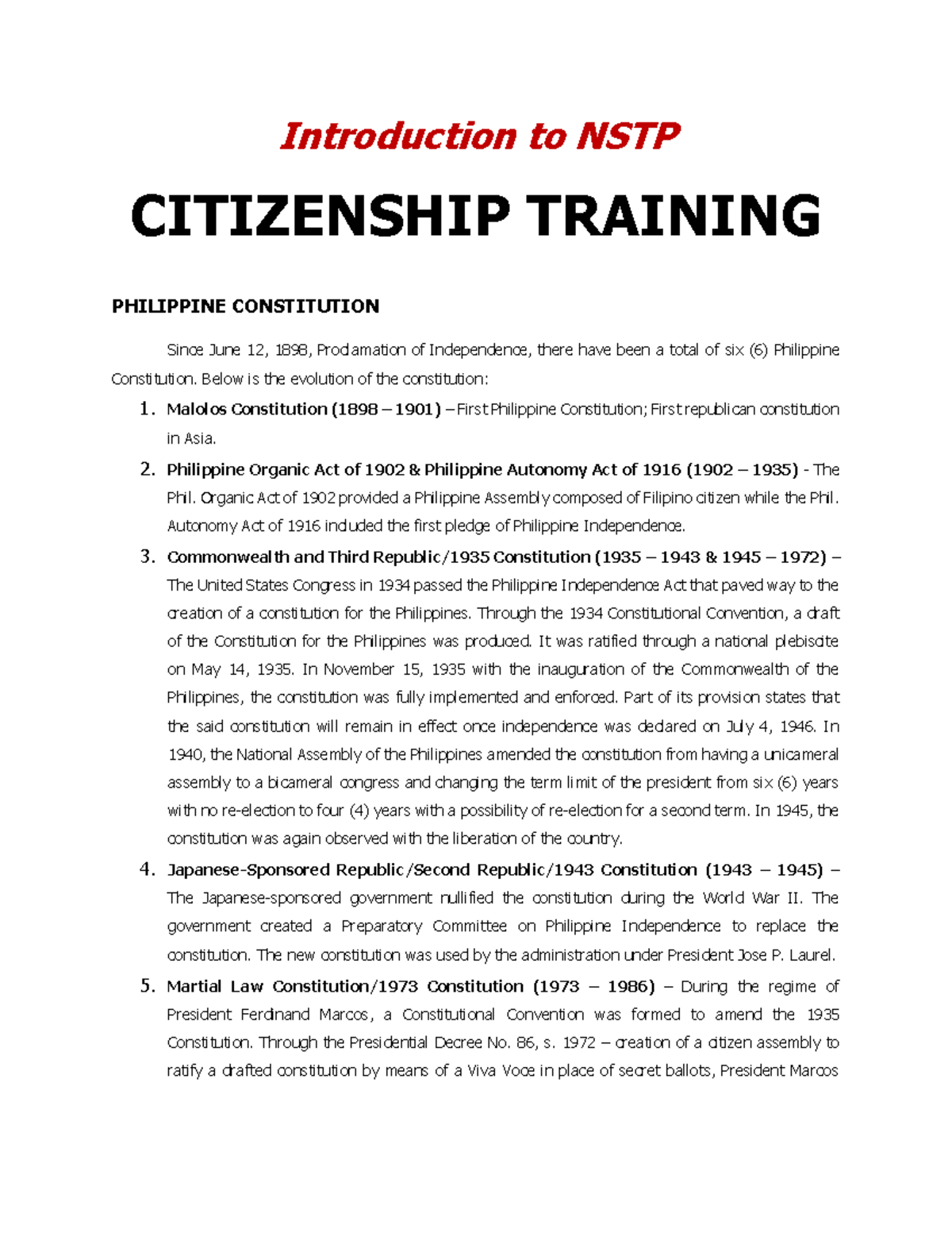 NSTP 101: Overview of Philippine Constitution and Citizenship Training ...