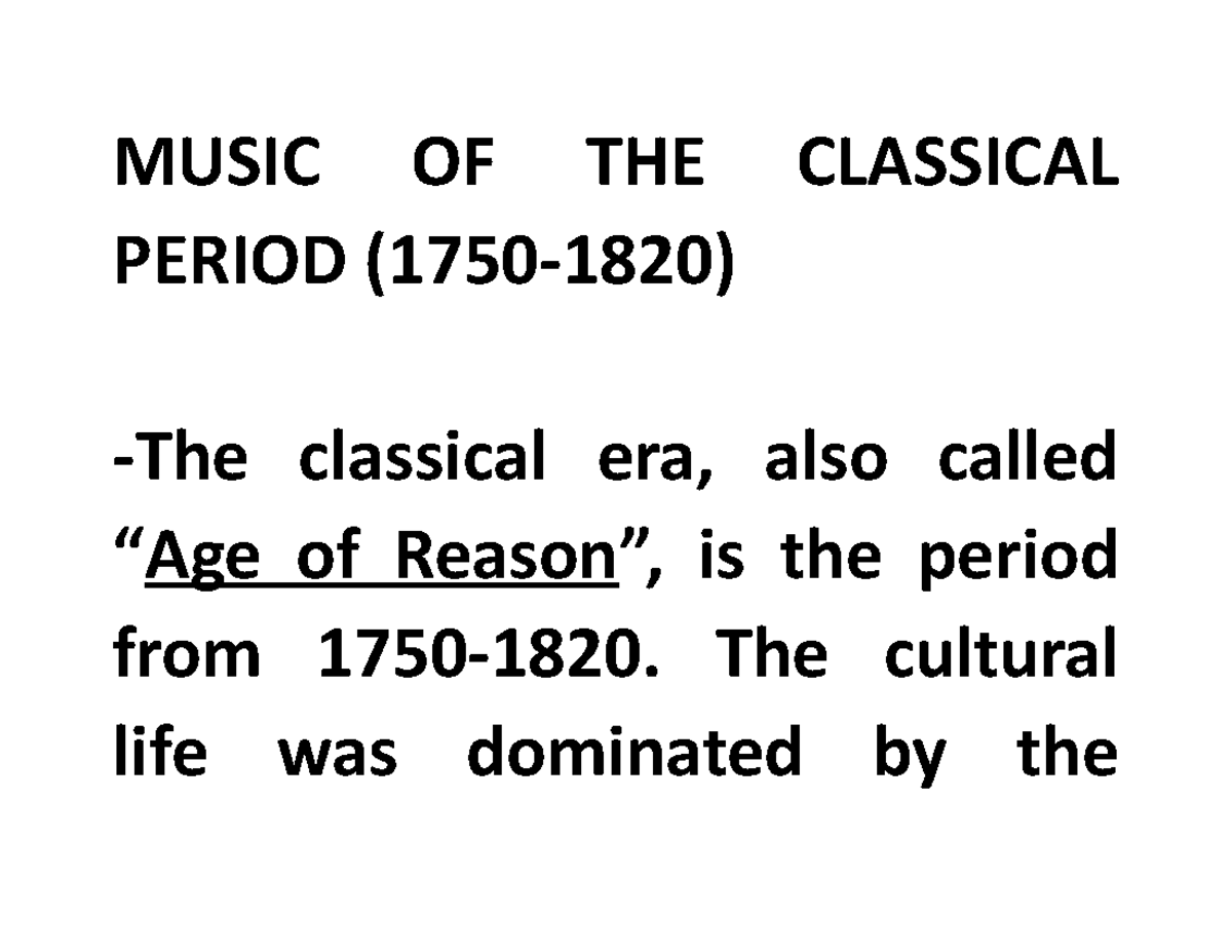 MUS 201: Insights into Music of the Classical Period (1750-1820) - Studocu