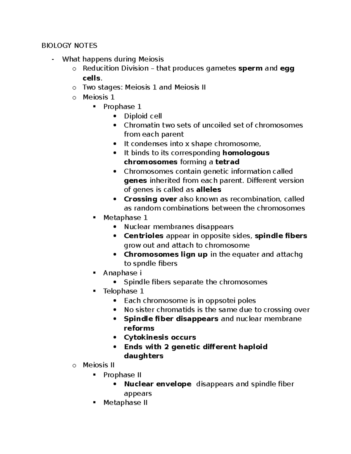 BIO 101: Meiosis Overview and Key Stages in Gamete Formation - Studocu