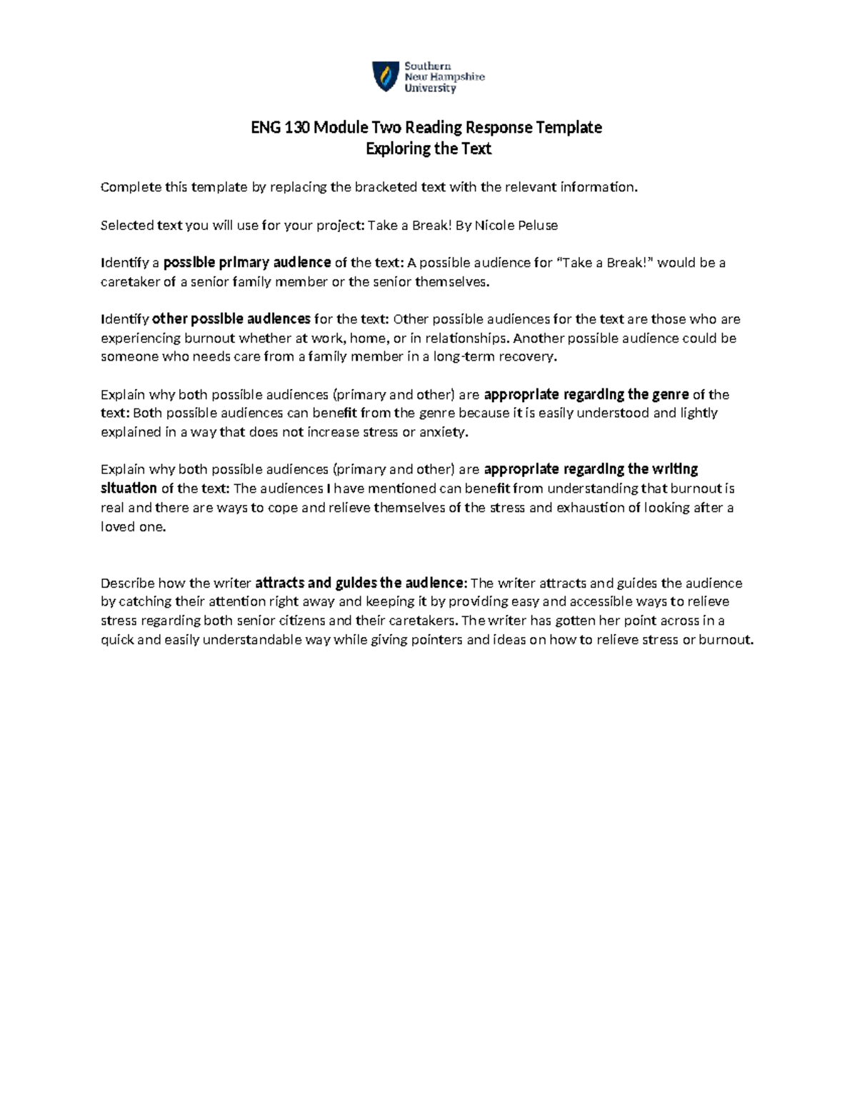 ENG 130 Module Two Reading Response - Selected text you will use for ...