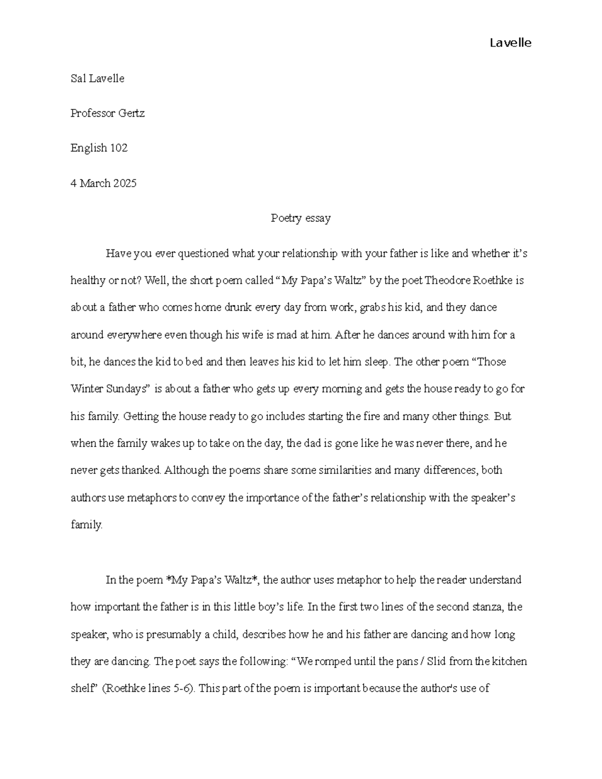 English 102 Poetry Essay: Exploring Father-Son Relationships - Studocu