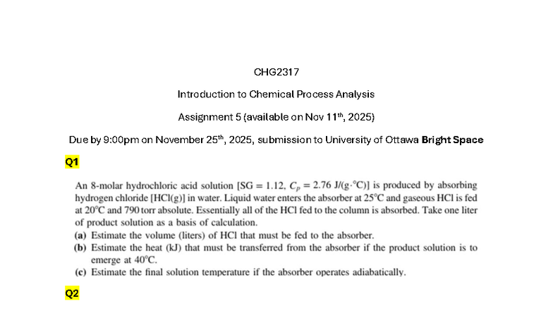 CHG2317 Assignment 5: Chemical Process Analysis Insights - Studocu