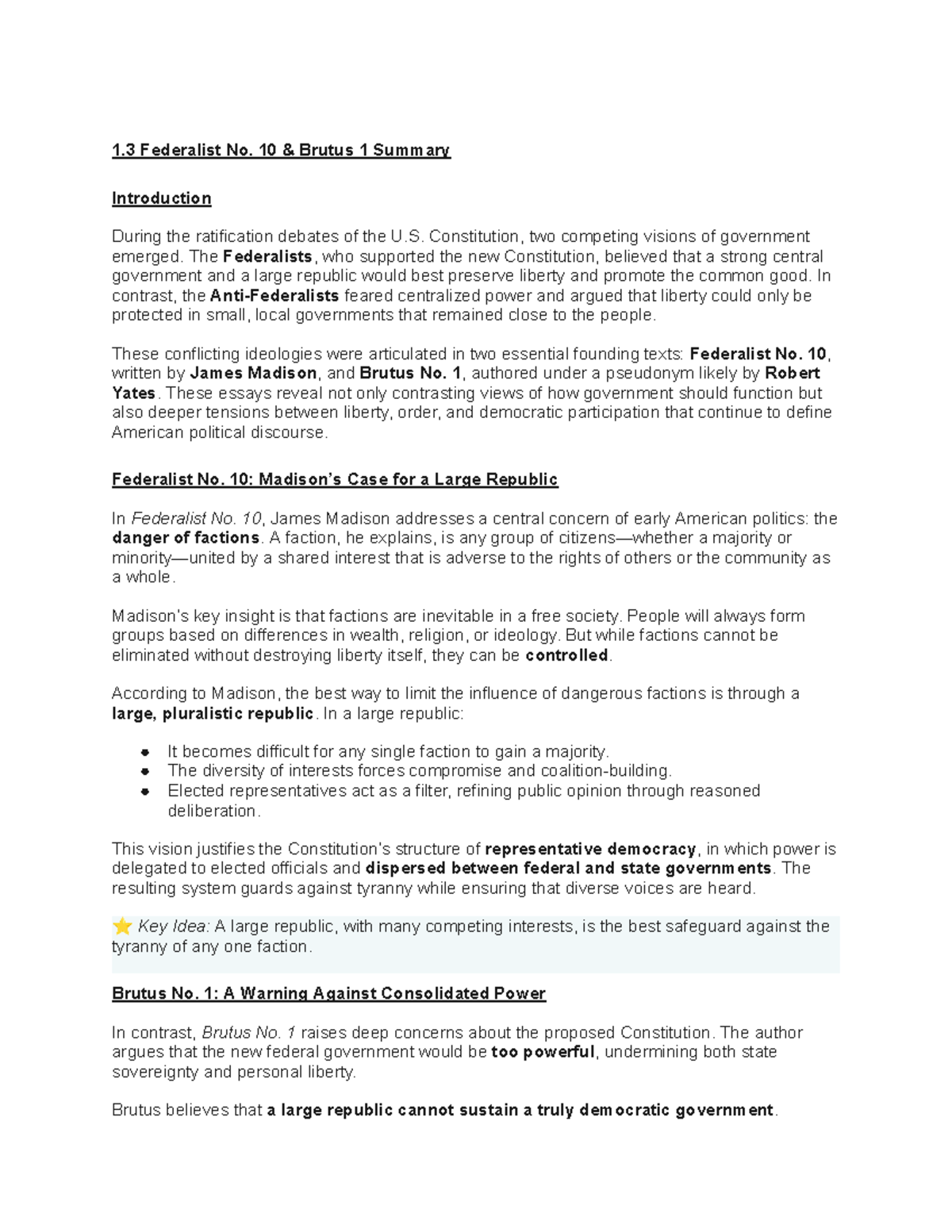 1.3 Federalist No. 10 & Brutus No. 1: Contrasting Views on Government ...