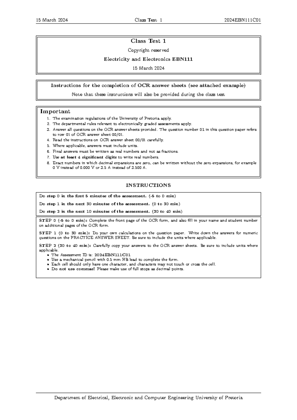 2024EBN111C01 Class Test 1 Instructions for OCR Answer Sheets - Studocu