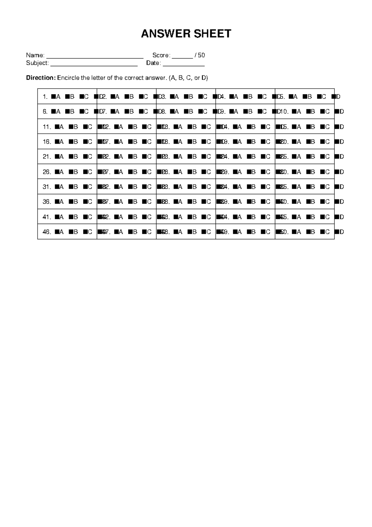 Free Circle Not Shaded ABCD 1-50 - ANSWER SHEET Name ...