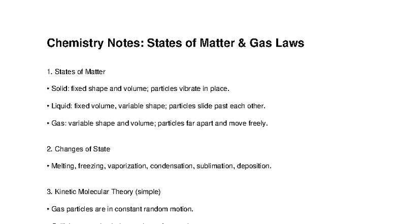 Chemistry Notes: States of Matter & Gas Laws (CHEM 05) - Studocu