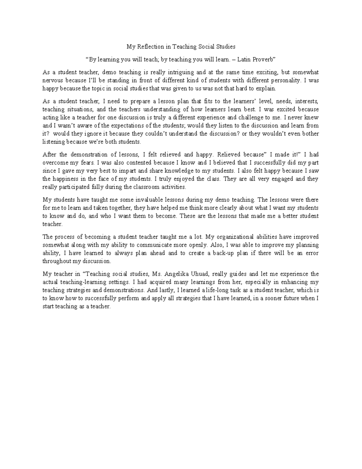 Reflection on Teaching Social Studies: A Student Teacher's Journey ...
