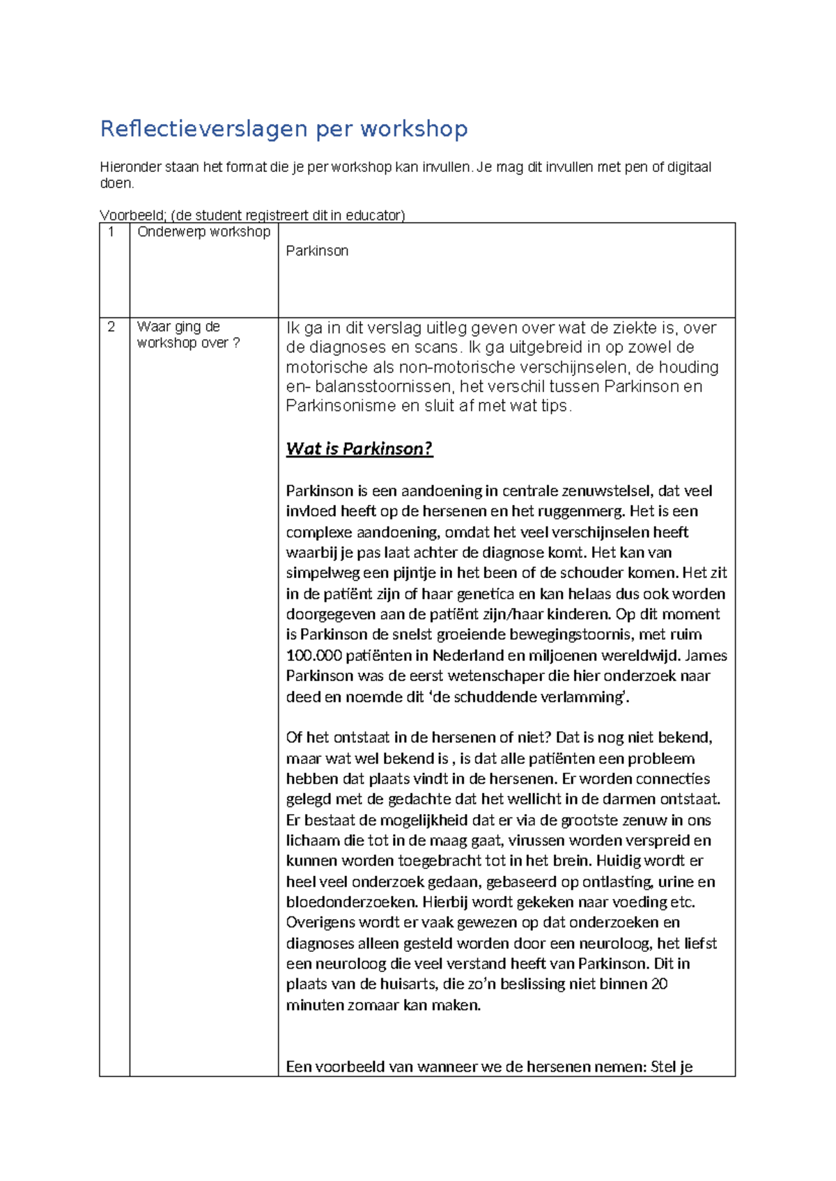 Reflectieverslag Workshop 20: Parkinson - Inzichten en ...