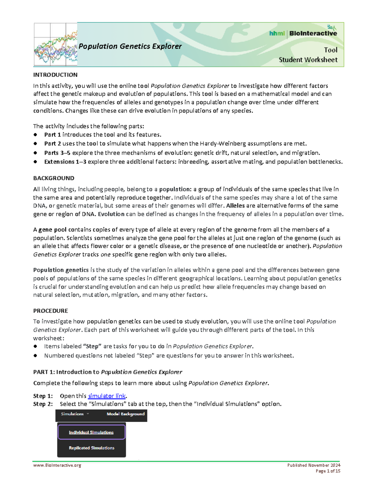 Population Genetics Explorer Tool Student Worksheet (Course Code ...