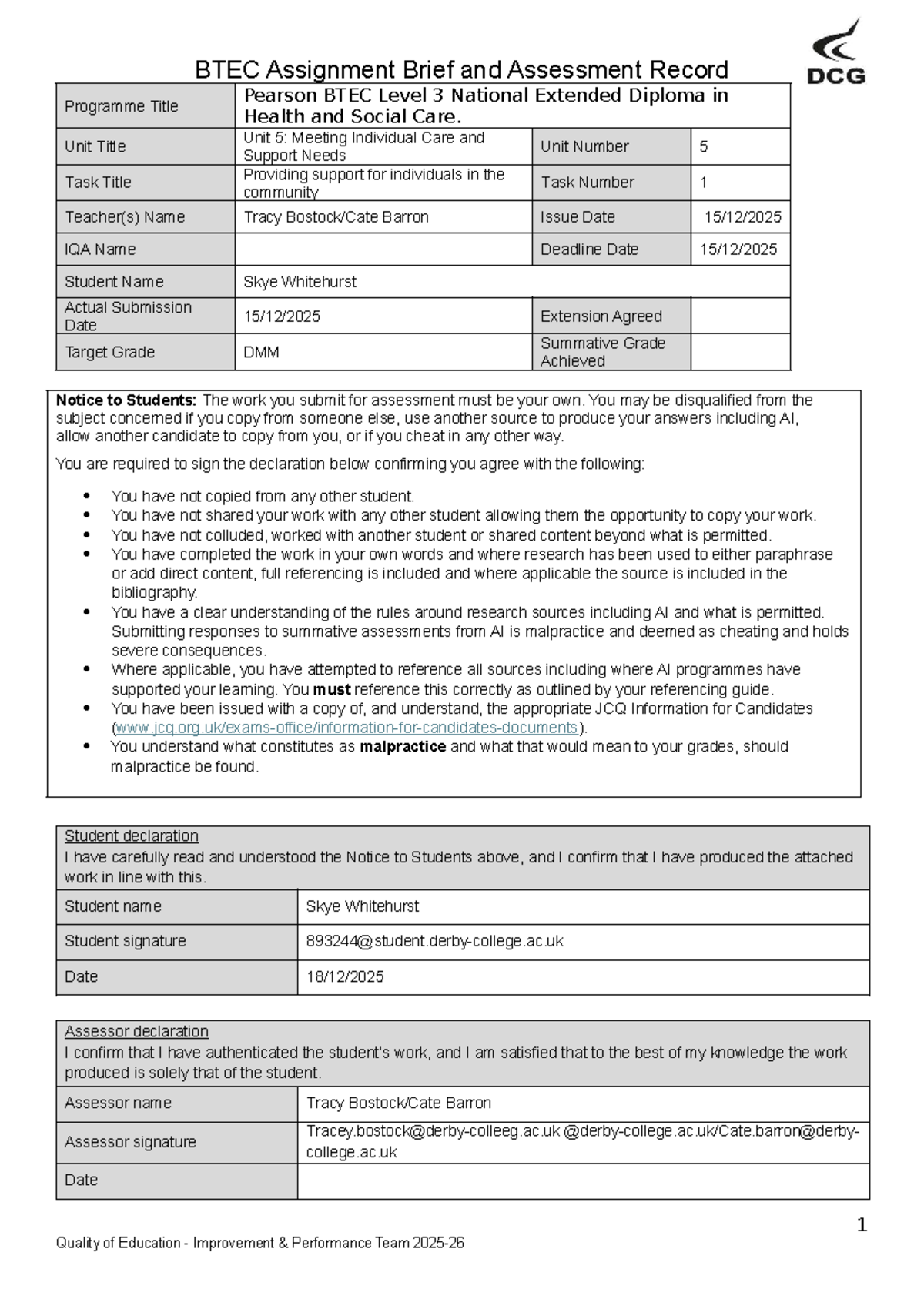 Unit 5 - Assignment 1: Meeting Individual Care Needs in Health & Social ...