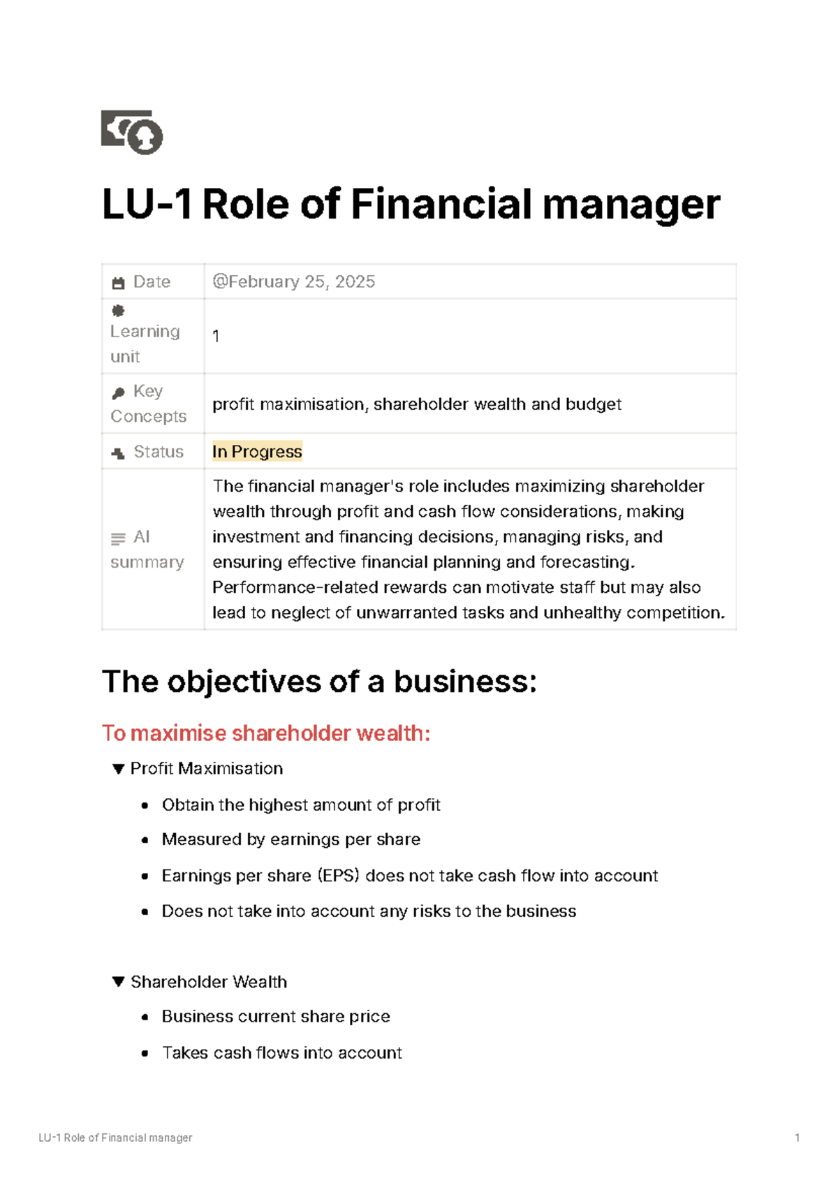 LU - 1 Role of financial manager - LU-1 Role of Financial manager Date ...