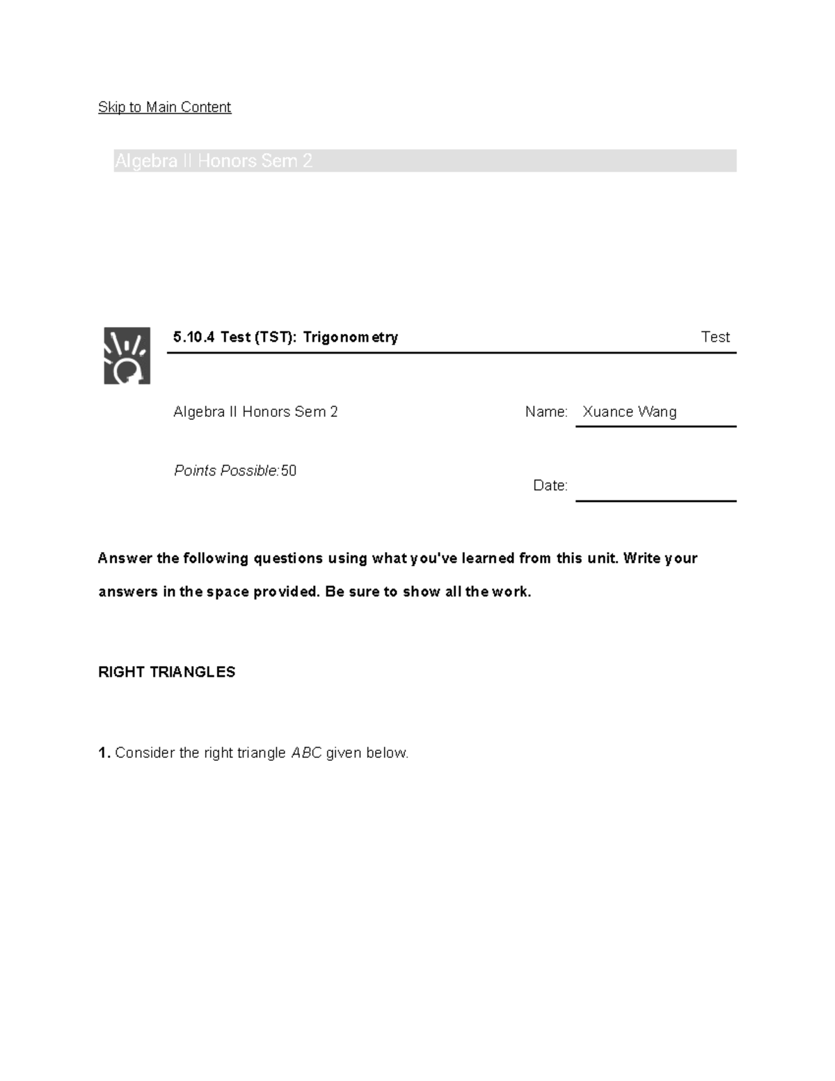 Algebra II Honors Sem 2 5.10.4 Test: Trigonometry Review - Studocu