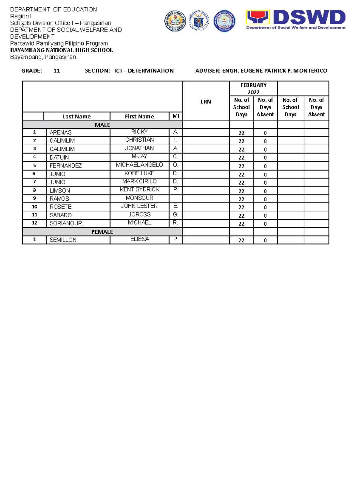 Reupload 4Ps Attendance Sheet February ICT Determination - 2 GRADE: 11 ...